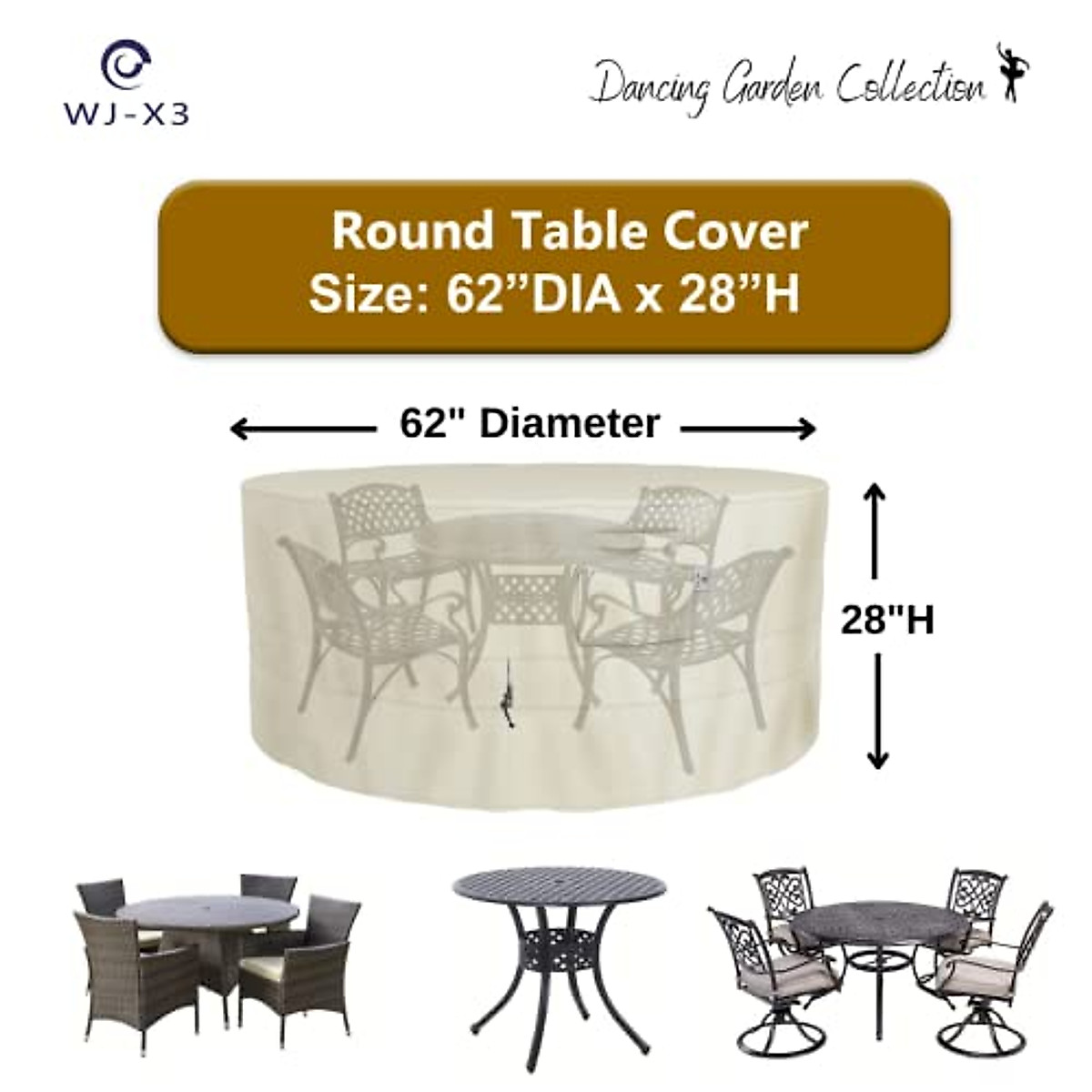 WJ-X3 Round Patio Furniture Cover, 62" D x 28" H, Waterproof, UV Resistant, Anti-Fading Outdoor Cover for Round Dining Table and Chairs Set, Beige
