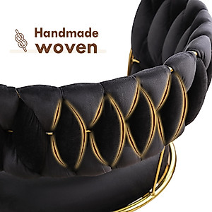 HOOLETE Velvet Desk Chair with Wheels, Modern Swivel Office Chair with Gold Base, Woven Accent Chair for Girls and Women, Vanity Chair with Back for Makeup, Black