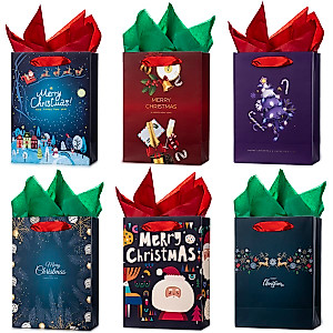 ARTLYMERS 24Pcs Small Christmas Gift Bags with Handles, Tissue Papers for Gift Wrapping, Bulk Kraft Paper Bags Assorted Christmas Prints for Xmas, Birthday, Holiday, Party Favor, Goody, Take-Out