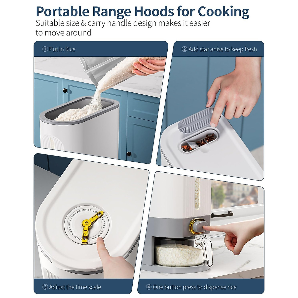 Lenwi 11 Lbs Rice Dispenser, Large Rice Container with Scale Measuring Cup, BPA-Free Household Rice Storage Container with Time Scale, for Home Kitchen Pantry Organization