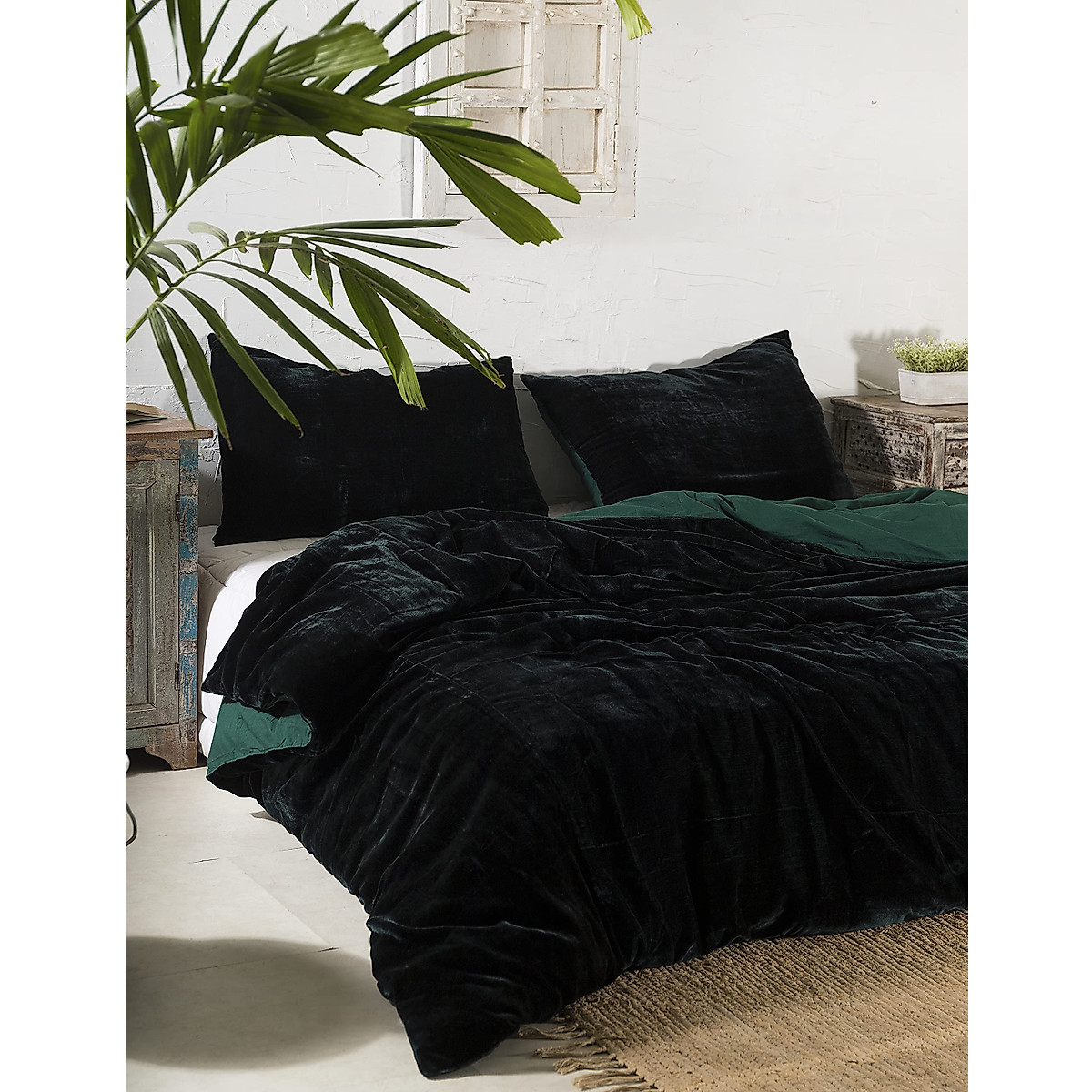 Labhanshi 3 Pieces Set Luxury Crushed King Size Moss Green Velvet Duvet Cover Boho Bedding UO Comforter Cover Donna Cover Quilt Cover Duvet Velvet Bedding King Size