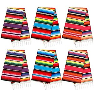 YIQIHAI 6 Pack Mexican Table Runners, 14 X100 Inch Rainbow Colors Large Boho Mexican Theme Party Decoration for Cinco de Mayo Fiesta Party Serape Table Runner Red and Blue