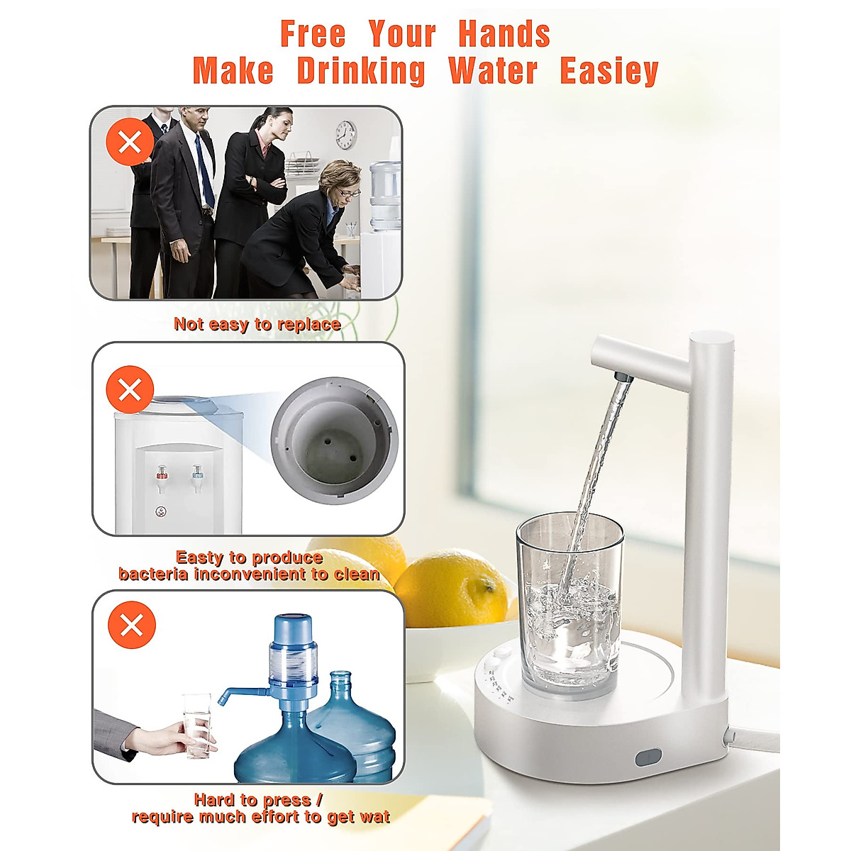 ATIDIE Intelligent Desktop Water Bottle Dispenser,USB Charging Automatic Drinking Water Pump for 5 Gallon & Universal Portable Electric Dispenser for Home,Office,Outdoor (White)