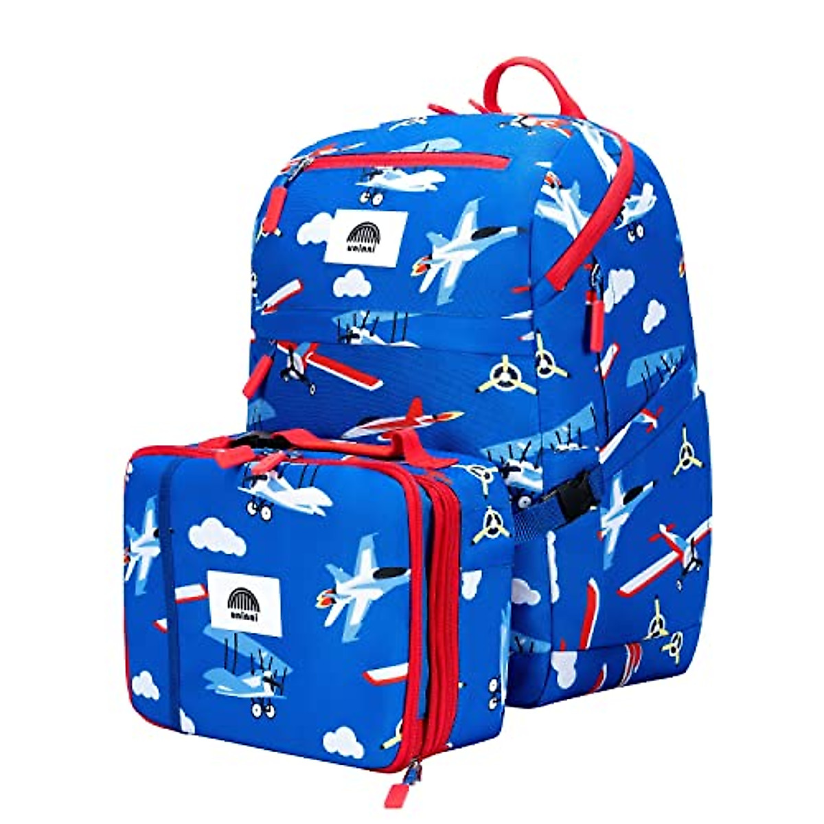 uninni Airplane 16'' Kids Backpack with Insulated Lunch Bag Set for Age 5+, Lightweight, School and Travel for Boys and Girls