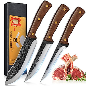 Professional 3 Piece Boning Knife Set, 7" Butcher Knife, 6.5" Meat Cleaver Slicing Knife,5.5" Fillet Knife,High Carbon Steel Hand Forged Chef Knives for Fish, Poultry, Chicken, Kitchen, BBQ Gift