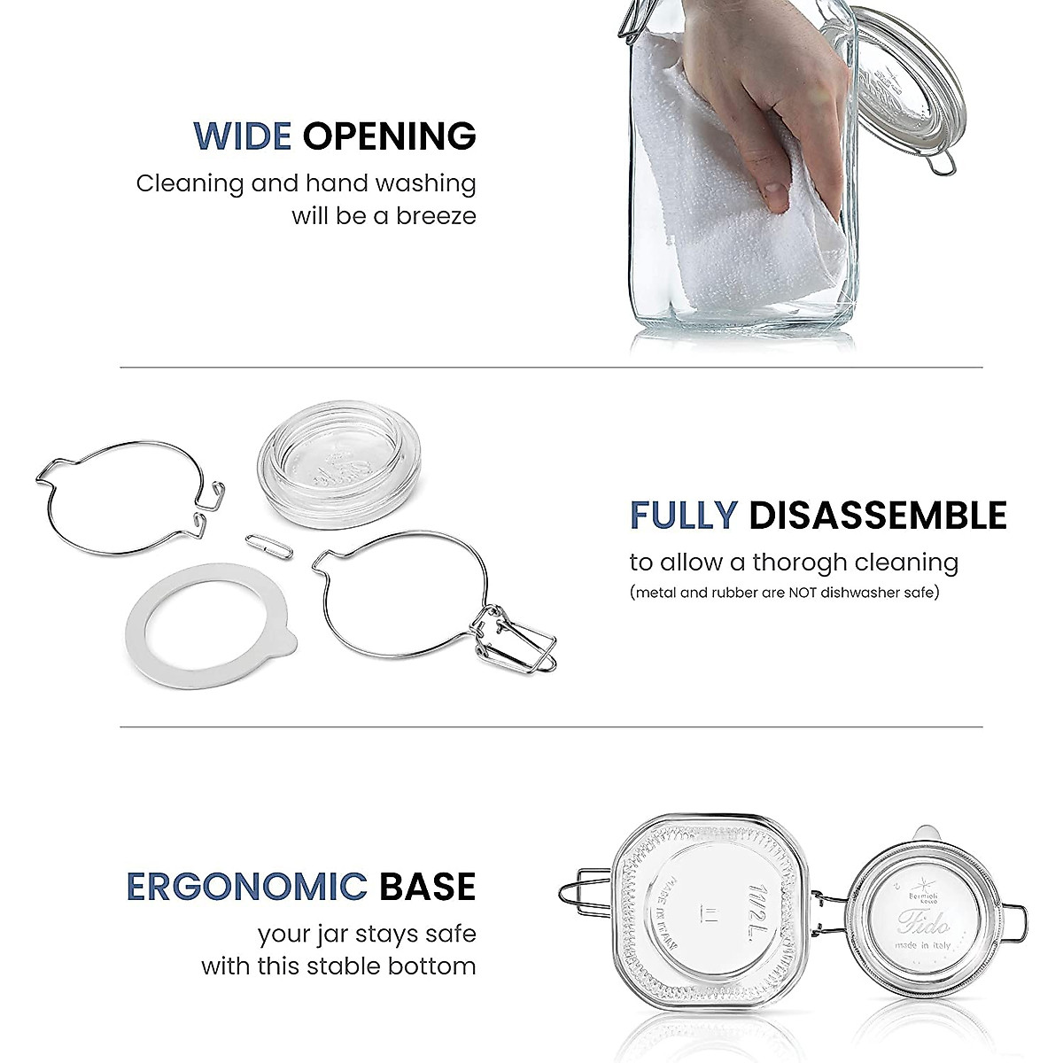 Bormioli Rocco Fido Collection, 2 Pack, 50.75 Oz. Food Storage Glass Jars, With Chalkboard, Airtight Rubber Seal & Glass Lid, With Steel Wire Clamp, Made In Italy.