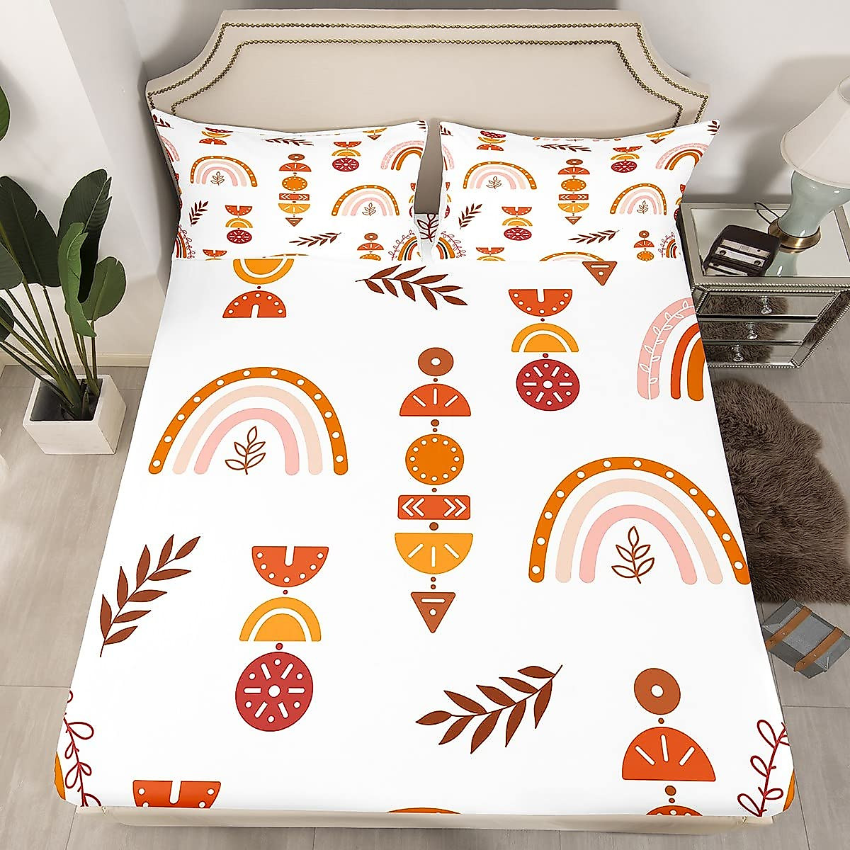 Erosebridal Rainbow Fitted Sheet, Flower Branches Bed Sheet Full Size for Kids Girls Child Teens Women, Cartoon Style Floral Sheet Set Bohemian Iridescent Bedding Set 4 Pieces with 2 Pillow Cases