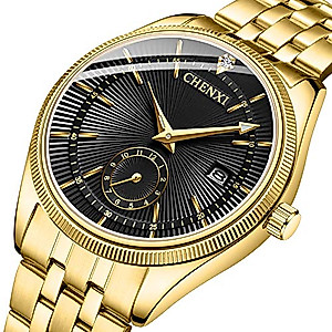 FANMIS Men's Luxury Analog Quartz Gold Wrist Watches Business Stainless Steel Band Dress Wrist Watch Classic Calendar Date Window 3ATM Water Resistant (Black)
