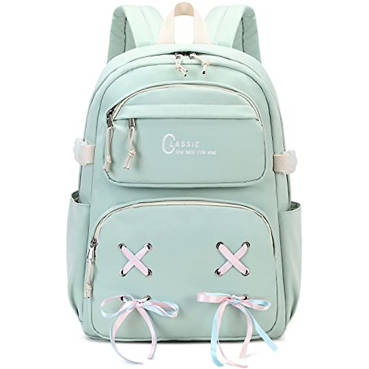 El-fmly Casual Travel Daypack Water Resistant School Bookbag Backpack with Cute Ribbon for Students Girls Teens (Lightgreen)