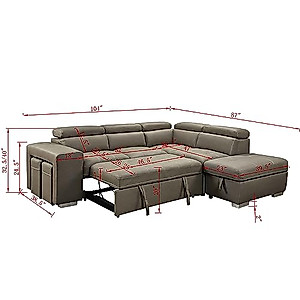 THSUPER 104'' Sectional Sleeper Sofa with Pull Out Bed and Storage Chaise Ottoman, L Shaped Sectional Couch with Reclining Headrest and Stools for Living Room, Microfiber Upholstered - Light Brown