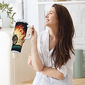 Jihqo Retro Skeleton Motorcycle 40 oz Stainless Steel Vacuum Insulated Tumbler with Handle and Straw Lid, Leakproof Water Bottle Double Wall Travel Mug Coffee Cup, Cupholder Friendly