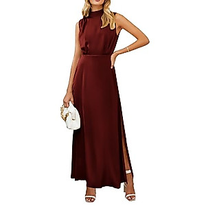 PRETTYGARDEN Women's Long Formal Satin Dress Mock Neck Sleeveless Side Slit Flowy Maxi Tank Dresses (Deep Red,Medium)