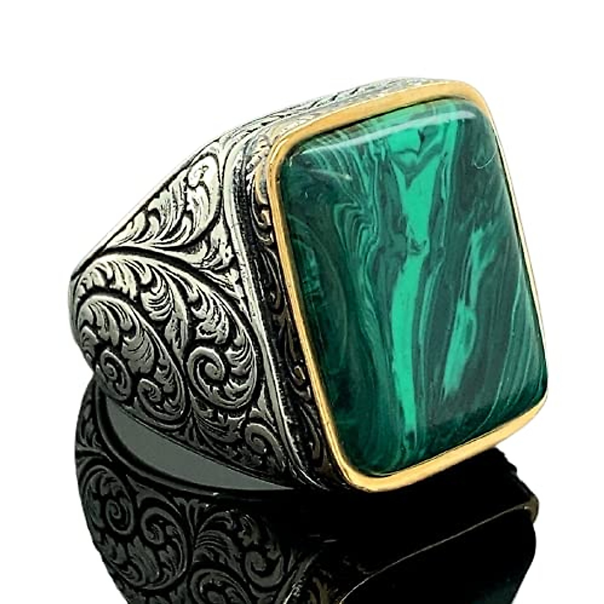 Malachite Gemstone Ring, Men Handmade Ring, Turkısh Handmade Ring, Embroidered Ring, Ottoman Jewelry