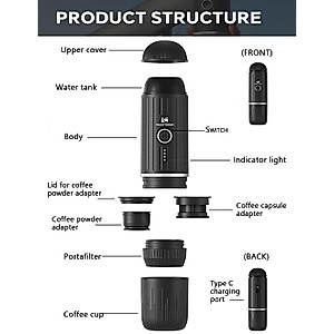 Portable Espresso Coffee Maker Electric Expresso Maker Self Heating Battery Powered, 19 Bar Pressure, Coffee Machine with Ground Coffee & NS Capsule for Travel, Camping, RV, Hiking, Office (Black)