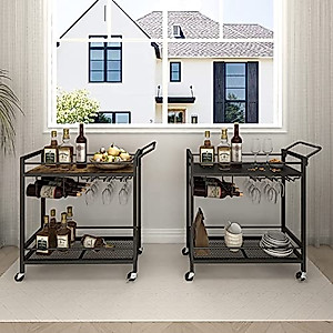 LAATOOREE Bar Cart, Home Bar Serving Cart, Mobile Drink Beverage Cart with Two-Color Top Shelf, Rolling Kitchen Cart with Wine Holder and Glass Holder, for Dinning Room, Living Room, Kitchen