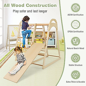 GLACER 6-in-1 Kids Indoor Playground, Wooden Climbing Toys Playset w/Slide, Money Bars, Gymnastics Rings, Climbing Net, Climbing Ladder & Tent, Indoor Jungle Gym for Toddlers Over 1 Year Old