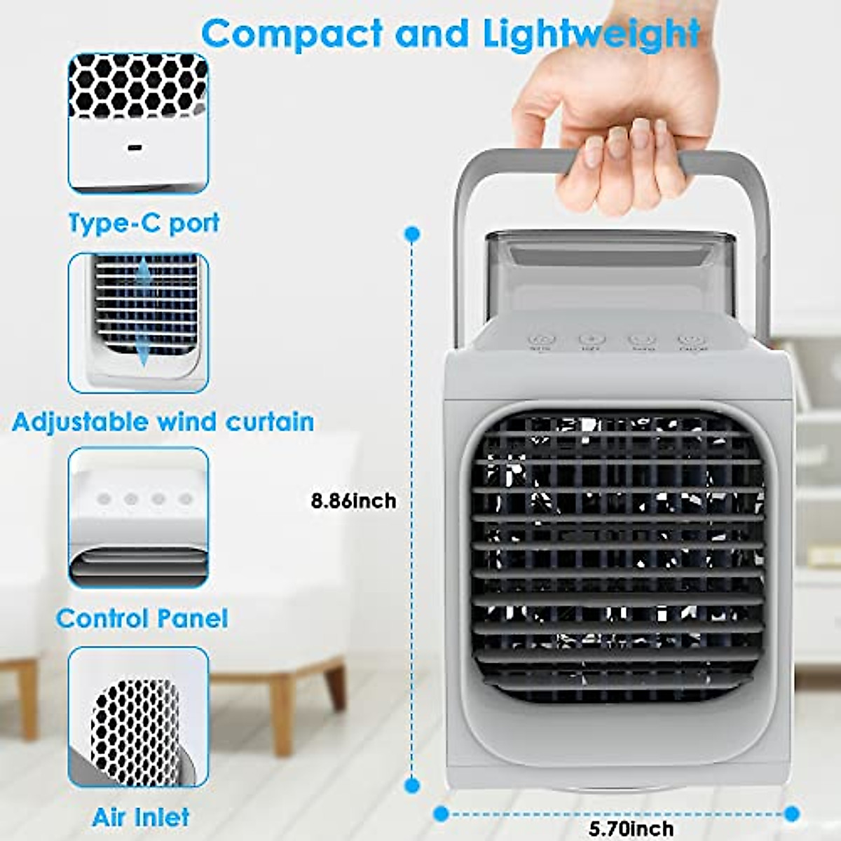 Portable Air Conditioners, Mini Air Conditioner Evaporative Air Cooler 90° Oscillating with 7 LED Lights, Rechargeable Fans for Room Office Outdoor Car Camping Tent