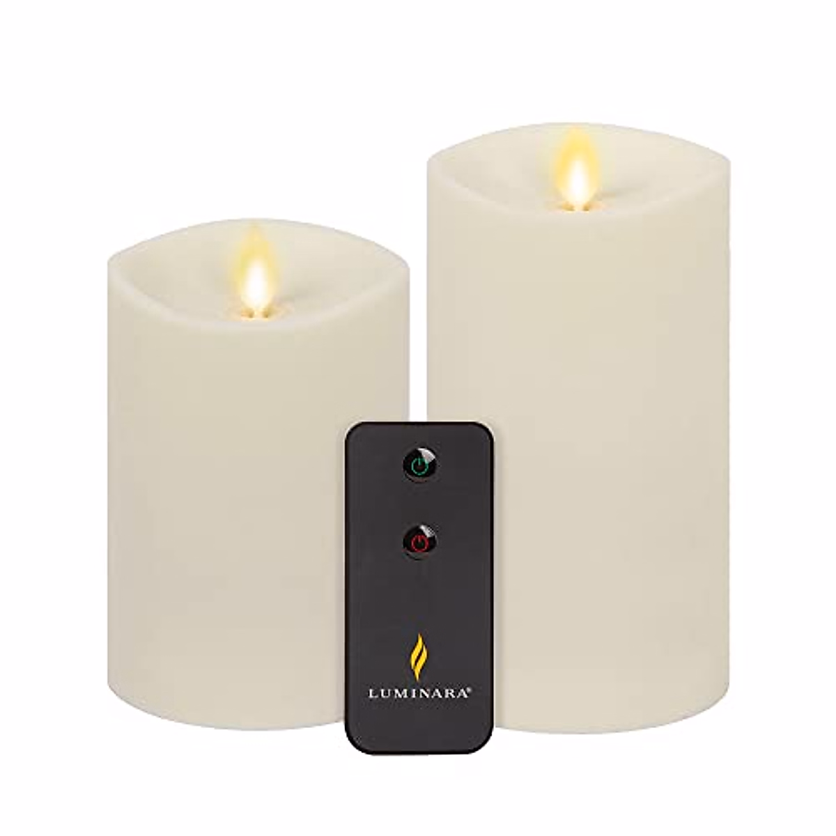 Luminara Set of 2 Outdoor Moving Flame Pillar (IPX4) with Remote Control, Flameless LED Candle, Melted Edge, Smooth Matte Finish, Timer, Ivory 3.25" x 5.5" and 6.5"