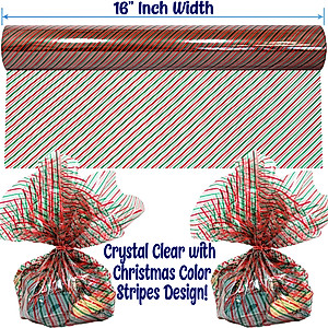 AnapoliZ Christmas Cellophane Wrap Roll | 100’ Ft. Long X 16” in. Wide | 2.3 Mil Crystal Clear Christmas Stripes Cellophane | Gifts, Baskets, Treats Wrapping Paper | Red and Green Stripes Cello Roll