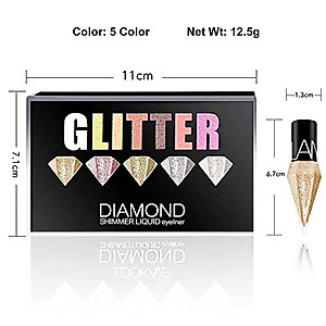 Go Ho Glitter Liquid Eyeliner Colorful Set,5 Colors Metallic Shimmer White Silver Gold Diamond Eye Liner,Glitter Eyeliner Make up,Waterproof Long Lasting Glow Sparkle Eye Makeup