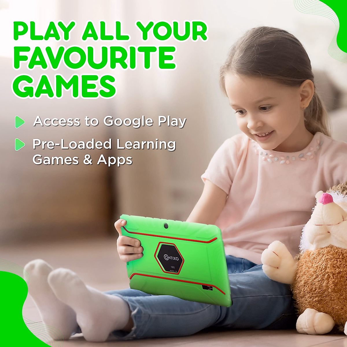 Contixo Kids Tablet, V8 Tablet for Kids and KB-2600 Kids Foldable Wireless Bluetooth Headphone Bundle, Learning Tablet, Parental Control Family Link - Green