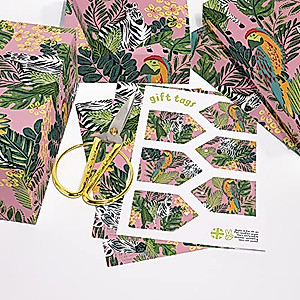 CENTRAL 23 Floral Wrapping Paper - Bird Wrapping Paper - 6 Sheets of Gift Wrap - Tropical Leaves Zebra and Parrot - Pink Green - Comes With Fun Stickers