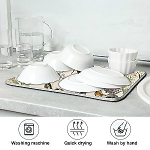 Vintage Bee Garden Dish Drying Mats for Kitchen Counter Reversible Absorbent Polyester Material Large Kitchen Microfiber Mat 18 x 24 Inch