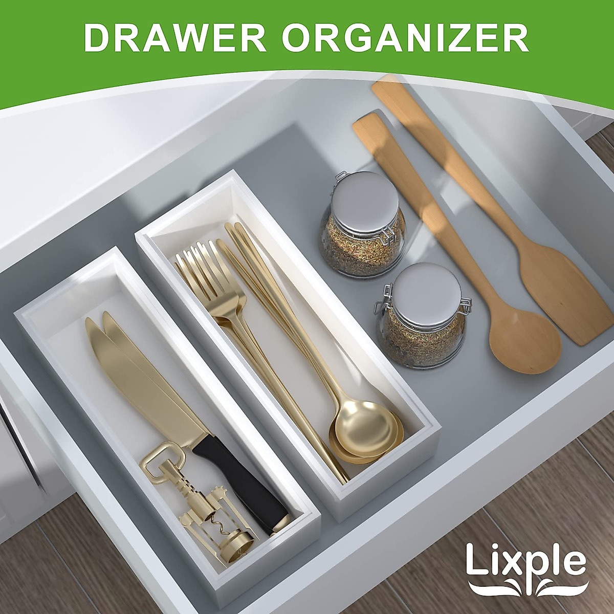 Lixple Utensil Organizer Silverware Drawer Organizer - Set of 2, Stackable Kitchen Organization, Bamboo Storage Box Tray for Kitchen Gadgets Bathroom Countertop (White)