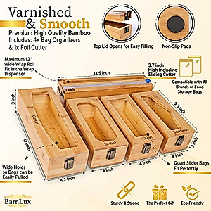 BarnLux Ziplock Bag Storage Organizer & Wrap Dispenser 5 Separate Boxes - Premium Bamboo Food Storage Bags Organizer for Drawer, Anti-Cushion Bottom Baggie Organizer, Polished Surface