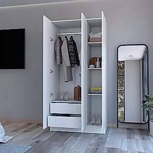 Wardrobe Erie with Four Storage Shelves, Two Drawers and Three Doors -White.