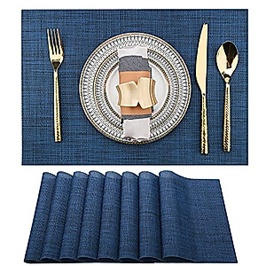 SLKQG Navy Blue Placemats Set of 8 - Easy Clean Washable Vinyl Placemats - Wipeable Heat Resistant Table Mats for Dining Table - 17x12 Inch (Navy Blue, 8)