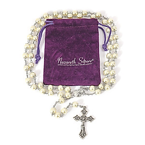 Nazareth Store Pearl Cream Beads Rosary Necklace Holy Soil Medal and Cross Catholic Rosaries for Women, Men