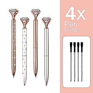 4 PCS Diamond Pen With Big Crystal Bling Metal Ballpoint Pen, Office Supplies And School, Rose Gold/White Rose Polka Dot/Silver/Rose Gold With White Polka Dots, Includes 4 Pen Refills