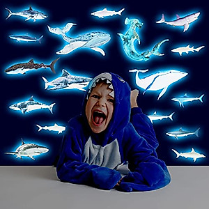 18 Pieces Sharks Peel Shark Wall Decals Removable Wall Stickers Animal Shark Decal Stickers Sea Theme Wall Decor Sticker for Room Bathroom Nursery Home Decor (Glow in the Dark)