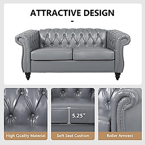 QHITTY Accent Sofa, Chesterfield Loveseat Modern Leather Couch Upholstered Sofa with Tufted Back for Living Room Furniture (Grey)