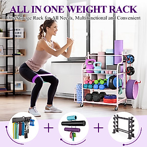 Mythinglogic Yoga Mat Storage Racks,Home Gym Storage Rack for Dumbbells Kettlebells Foam Roller, Yoga Strap and Resistance Bands, Workout Equipment Storage Organizer With Hooks and Wheels