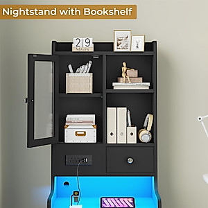 BTHFST Black Nightstand Set of 2, LED Night Stand Set 2 with Charging Station, Tall Bedside Table with Drawers & Shelves, End Side Table with Lights & Storage