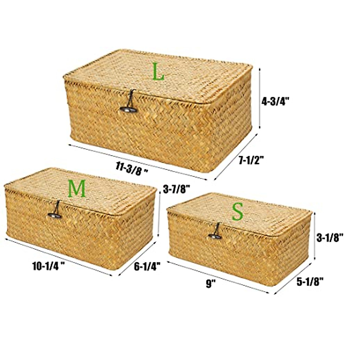 Yesland Shelf Baskets with Lid Set of 3, Handwoven Seagrass Storage Bins Box Rectangular Seagrass Basket Storage Organizer Wicker Basket for Shelf