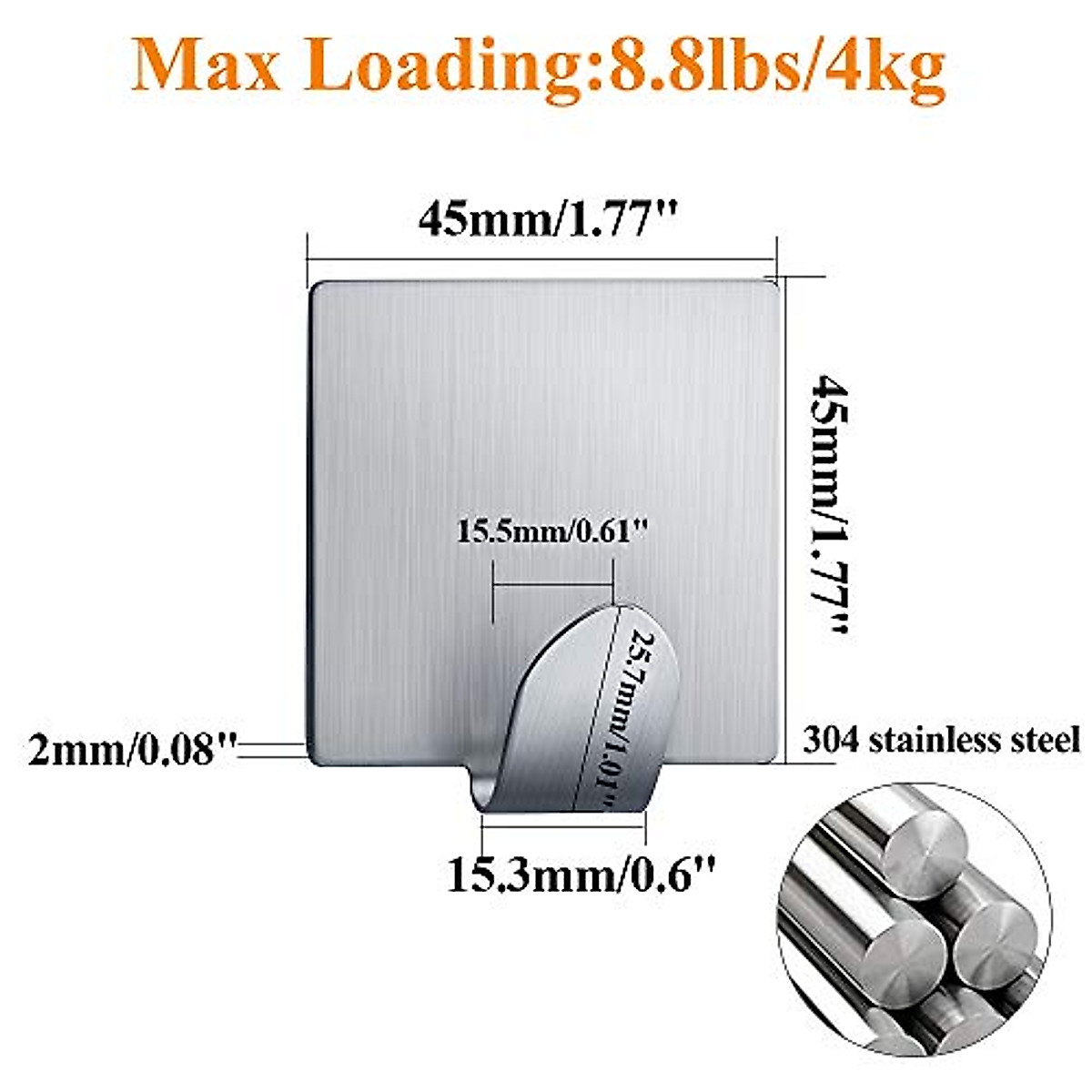 Fotosnow Wall Adhesive Hooks Heavy Duty Waterproof Stainless Steel Hooks for Hanging Coat, Hat Towel Robe-Bathroom and Bedroom-8 Packs