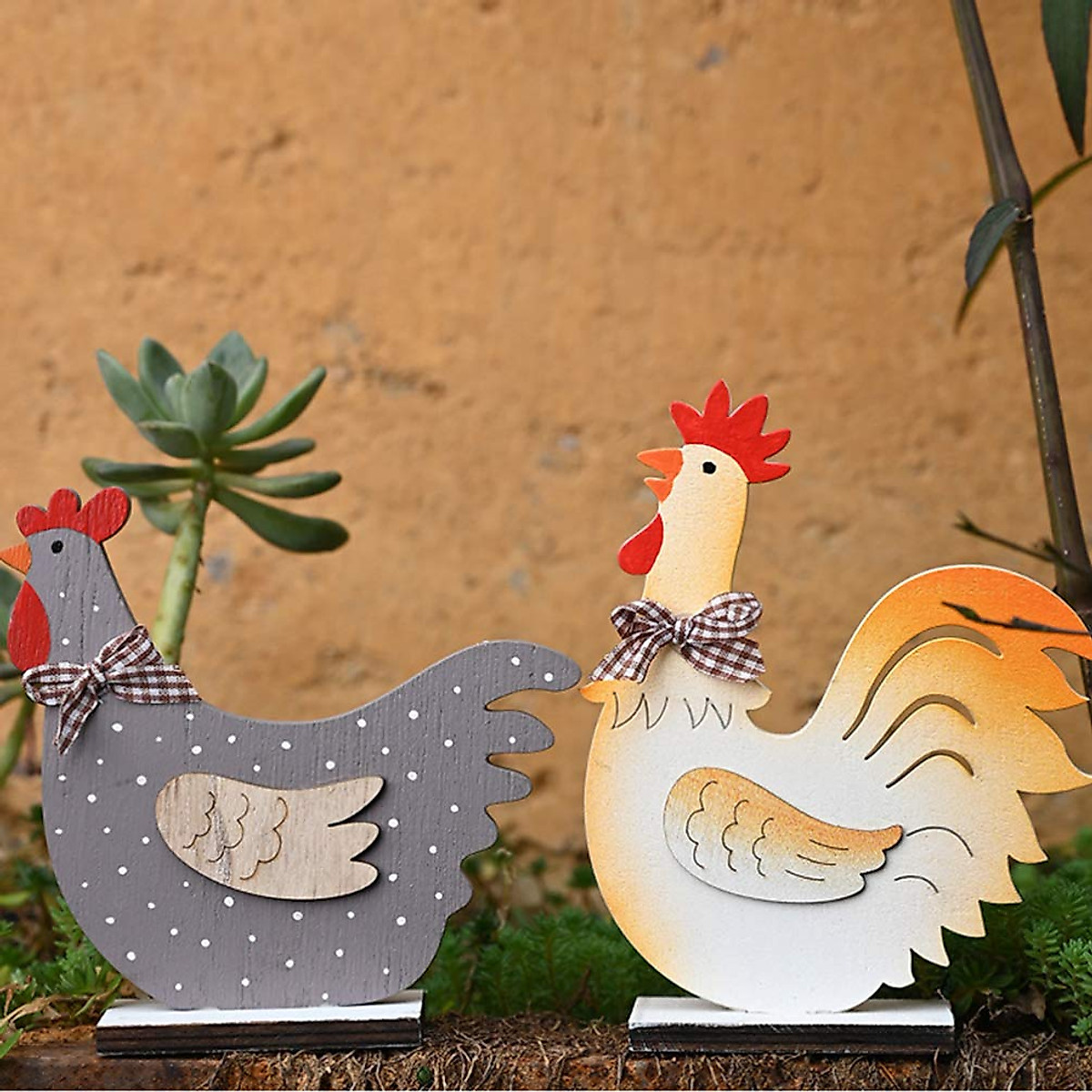 NUOBESTY Rustic Wood Chicken,2 Pcs Tabletop Decor Carved Chicken Statue Home Decor Rooster Cock Hen Animal Sculpture Easter Garden Ornament Decorations