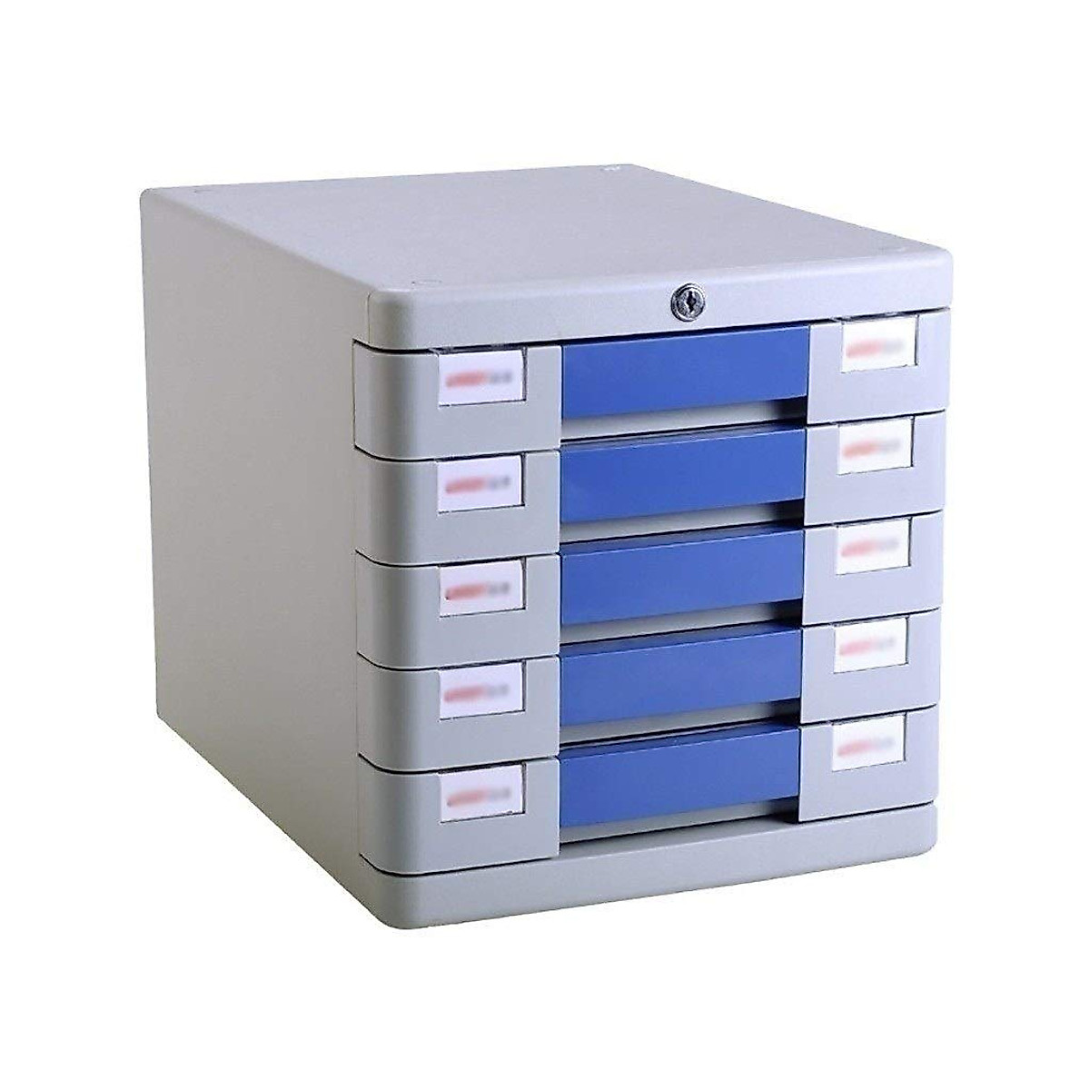 Flat File Cabinet,Desktop Lock Plastic Drawer Storage Organization, with Blank Label and 5 Drawers-Blue
