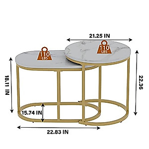 VILAWLENCE Nesting Coffee Table Set of 2 Modern Round White Marble Wood Table,Side Table Gold Metal Frame Oval