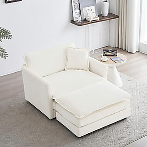 WILLIAMSPACE 41" Single Sofa Chair with Moveable Ottoman, Modern Upholstered Armchair with 1 Toss Pillow, Accent Chair for Living Room Deep Seat Reading Sofa for Bedroom, Chenille (Cream White)