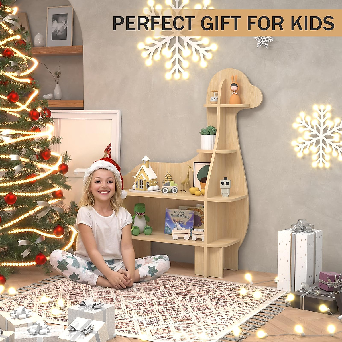 Dinosaur Kids Bookshelf, Wooden Kids Bookshelf and Toy Storage, Wood 4-Tier Montessori Bookshelf for Kids, Durable Bookcase, Eco-Safe Toddler Bookshelf, Toy Organizer for Kids Room, Playroom, Nursery