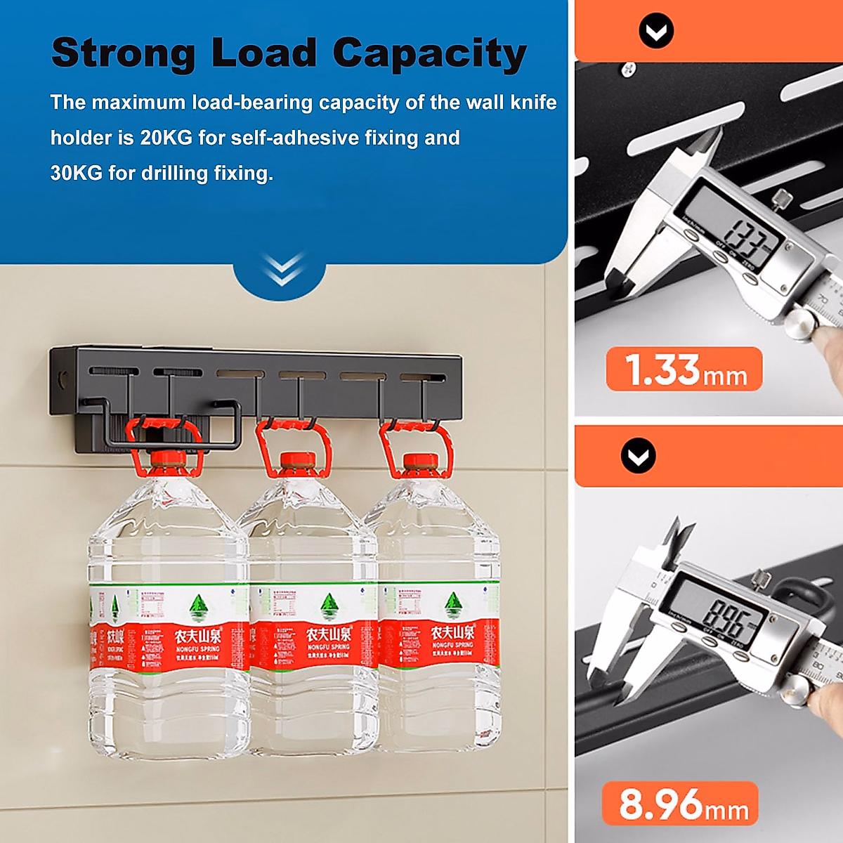 MINOCHI Knife Holder for Wall 50cm Multifunction Kitchen Knife Storage Holder with 8 Hooks, No Punch Wall Mounted Stainless Steel Knife Rack Organizer for Hanging Spoon Chopsticks - Black