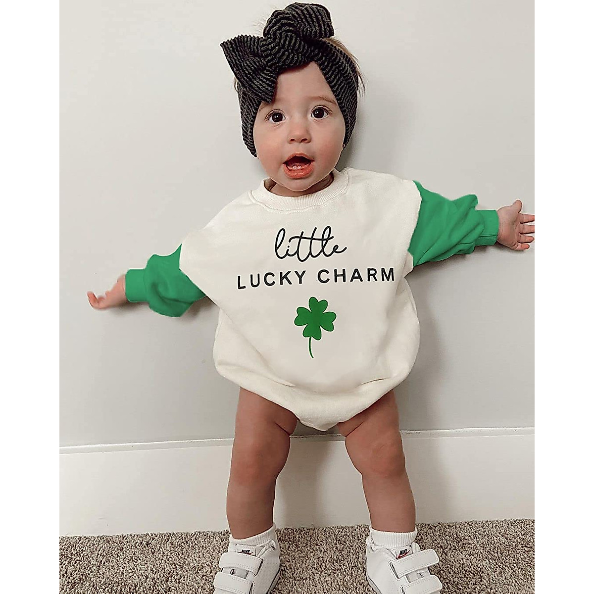 Chloefairy Newborn Baby Girl Boy St Patricks Day Outfit Little Lucky Charm Romper Sweatshirt Onesie Bodysuit Infant Jumpsuit (Green-little LUCKY CHARM, 6-12 Months)
