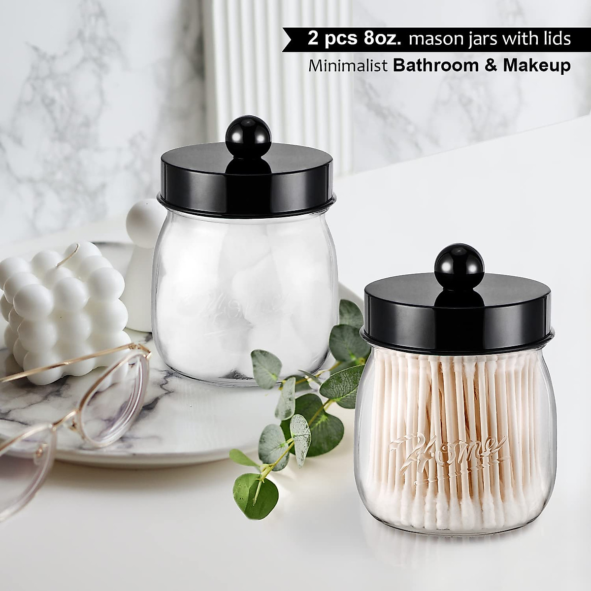 Farmhouse Decor Apothecary Jar Set,Mason Jar Bathroom Vanity Storage Organizer Canister - Qtip Holder Plastic Acrylic Jar for Cotton Swabs,Cotton Pads,Floss Picks,Paper Clips,Hair Clips(4 Pack,Black)