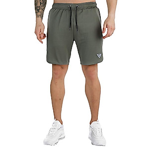 Wangdo Men's Workout Shorts 7" Running Gym Athletic Bike Shorts with Zipper Pocket(Black+Green-M)