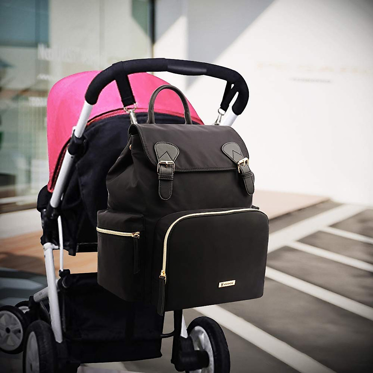 Vogshow Waterproof Diaper Bag, Multifunction Stylish Travel Backpack with 2 Stroller Hooks, Black