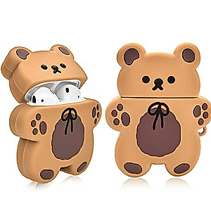 Cute AirPods Cases with Bear Keychain Cartoon Biscuit Bear Design Full Protective Silicone Cover Compatiable with AirPod 2&1 Case for Kids and Womens (Dark Brown)